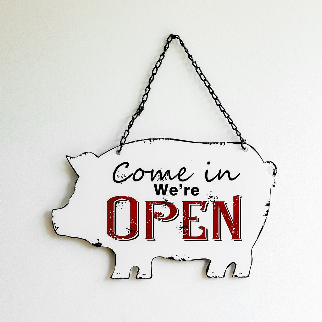 Letrero chancho metálico Open/Closed – Patioriente